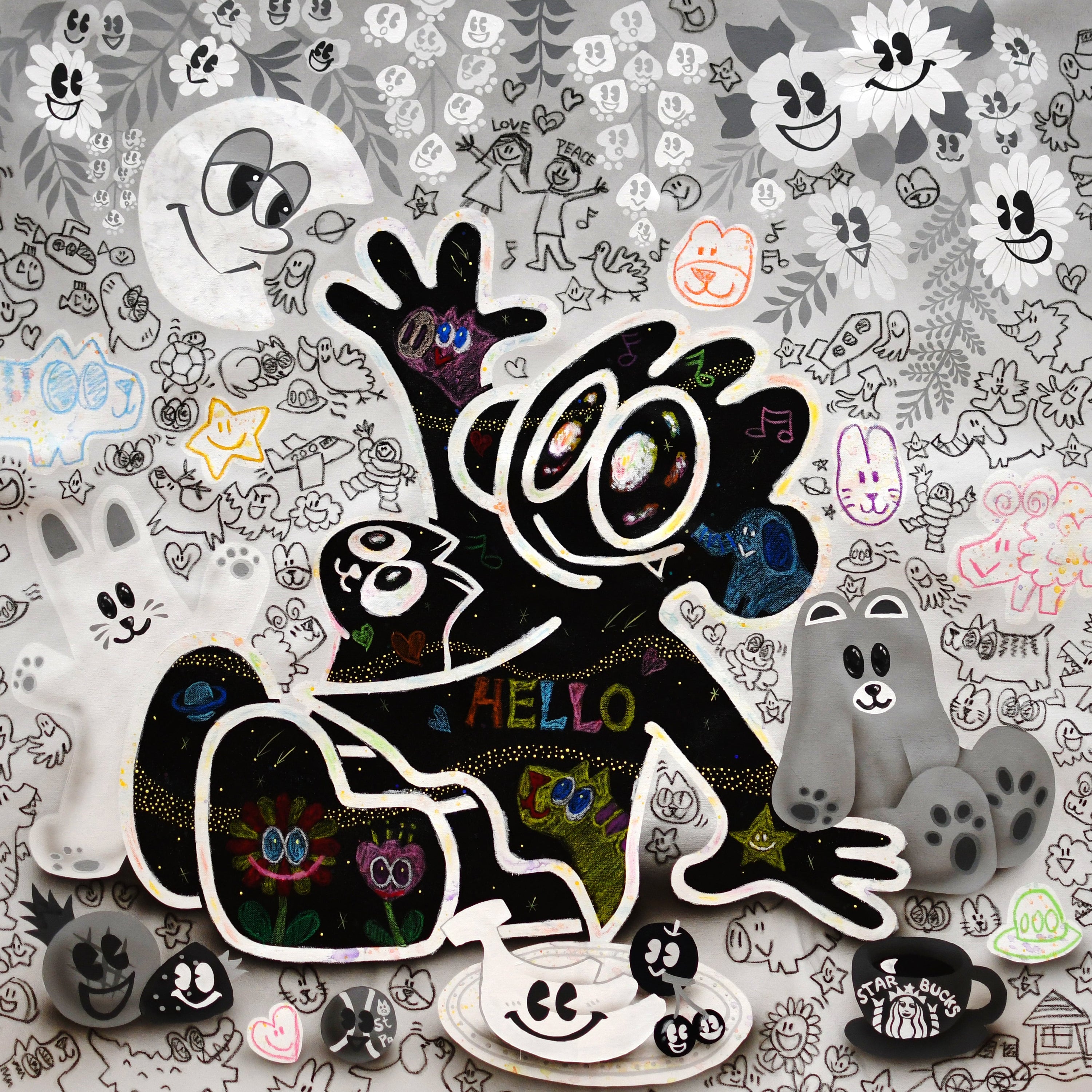 "Yum and Moon" - Original Acrylic and Oil Pastel Painting by Yusuke Toda